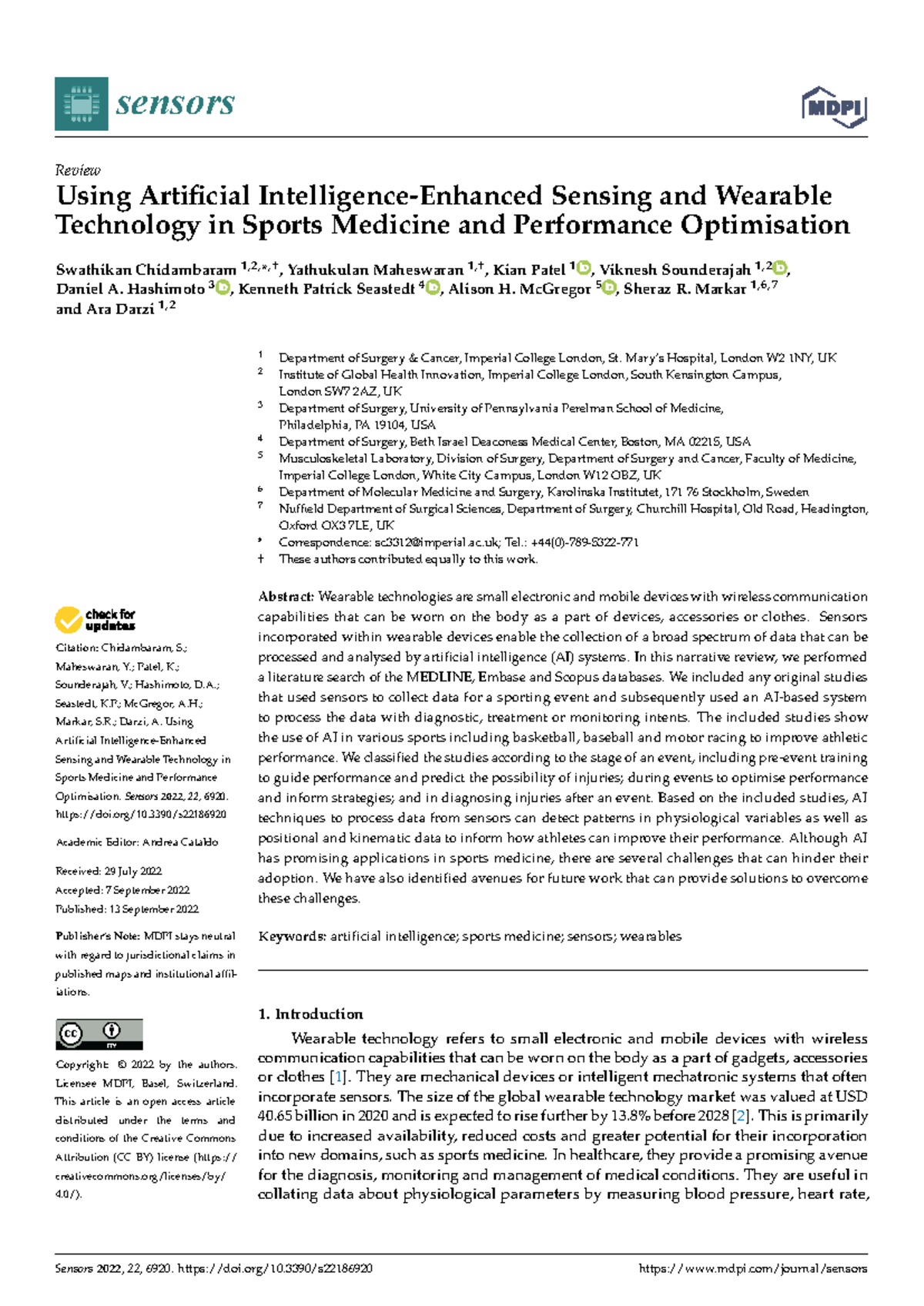 Sensors Review: AI and Wearable Tech in Sports Medicine (SENS 2022 ...