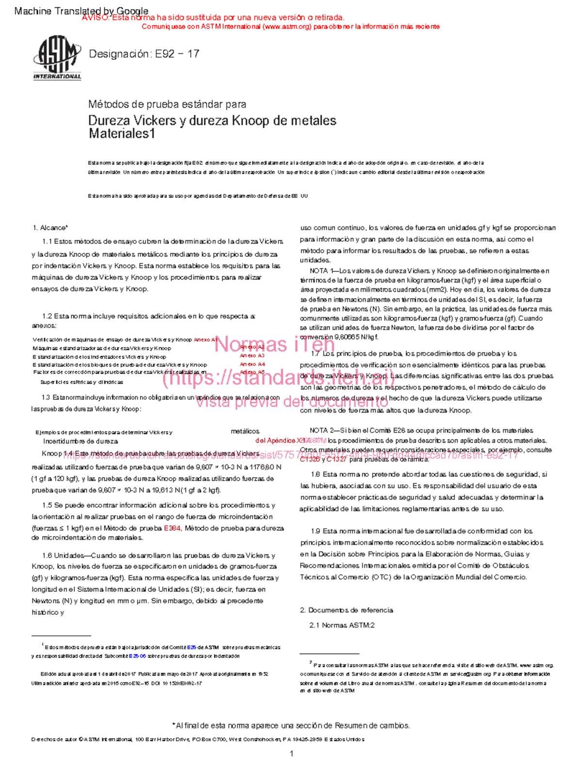ASTM E92-17 - Métodos de Prueba de Dureza Vickers y Knoop en Español - Studocu
