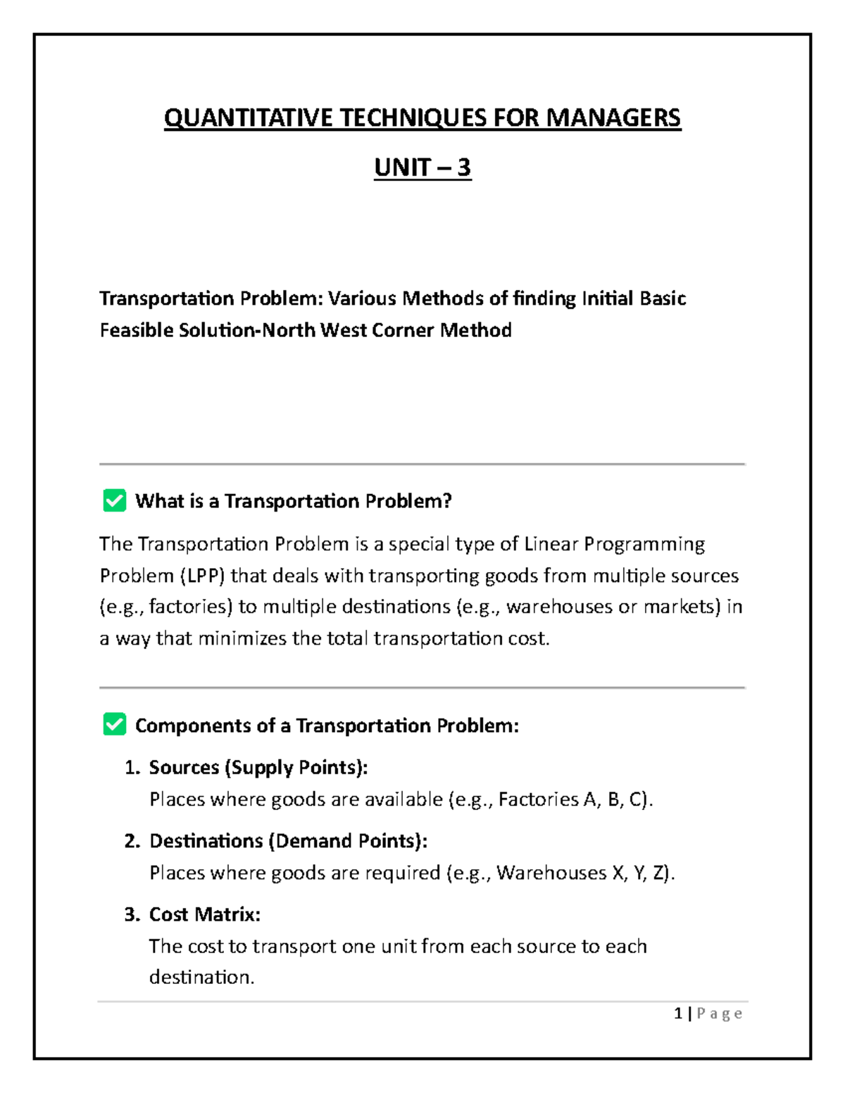 Quantitative Techniques for Managers: Unit 3 - Transportation Problem ...