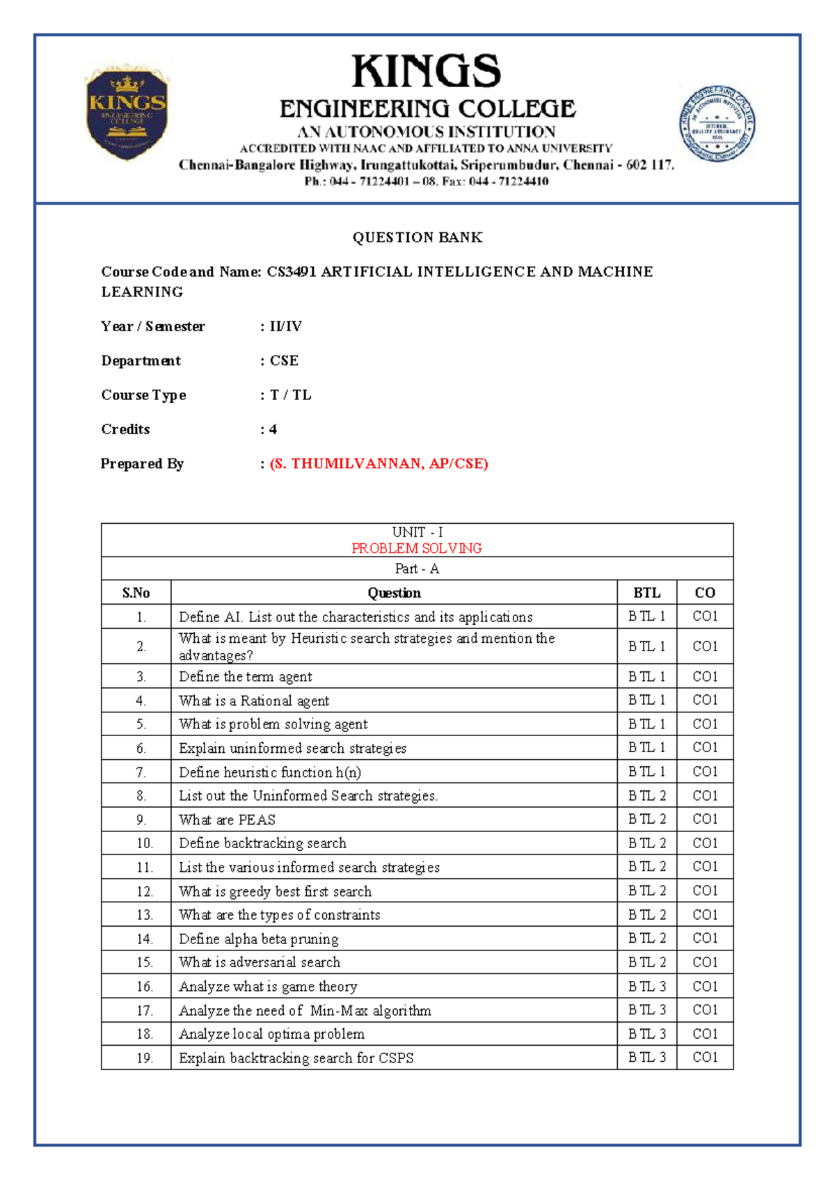 QUESTION BANK CS3491: AI & ML Concepts and Strategies - Studocu