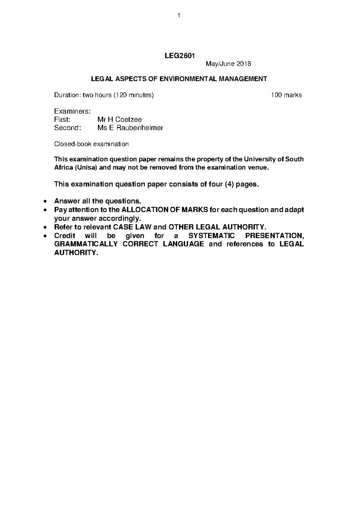 LEG2601 May/June 2018 Final Exam Memo: Legal Aspects of Environmental ...