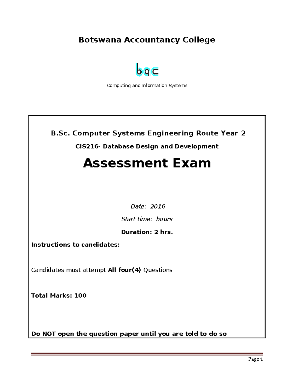 BACC 2016 Database Design & Development Assessment Exam - Studocu