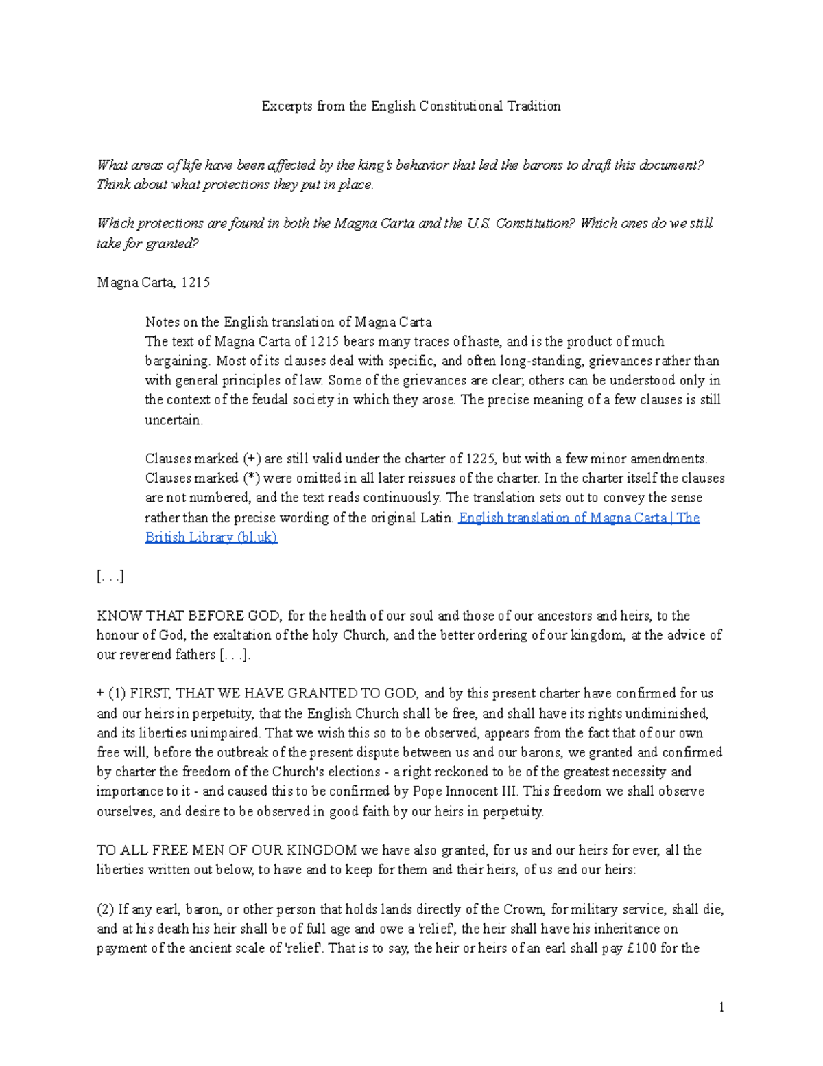 Excerpts from Magna Carta & Petition of Right Analysis (HIST 101) - Studocu