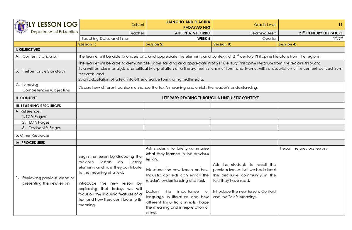 21ST Century Literature Q1 WEEK 6 Lesson Plan on Linguistic Contexts ...