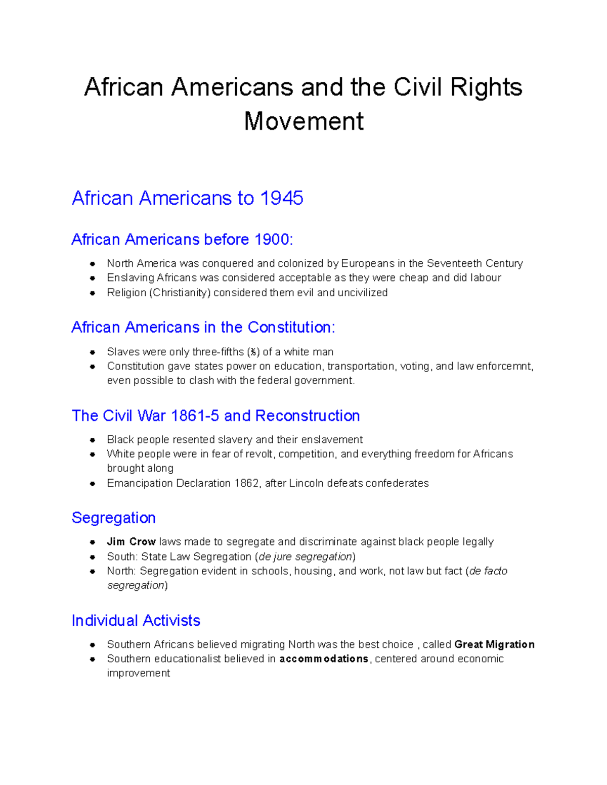 Civil Rights Notes: Key Themes from African Americans till 1945 - Studocu
