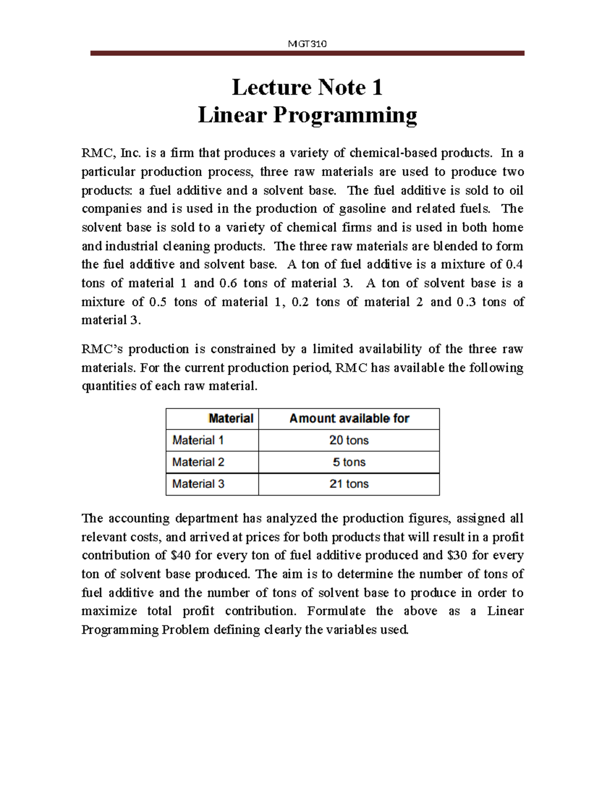 MGT310 Lecture Note 1: Linear Programming for RMC, Inc. Production ...