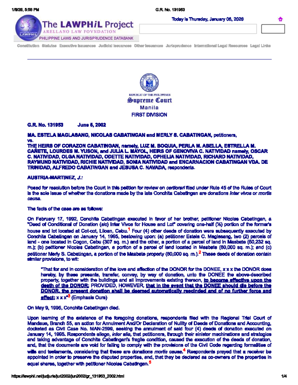 Maglasang vs. Heirs of Cabatingan: G.R. No. 131953 Case Analysis - Studocu