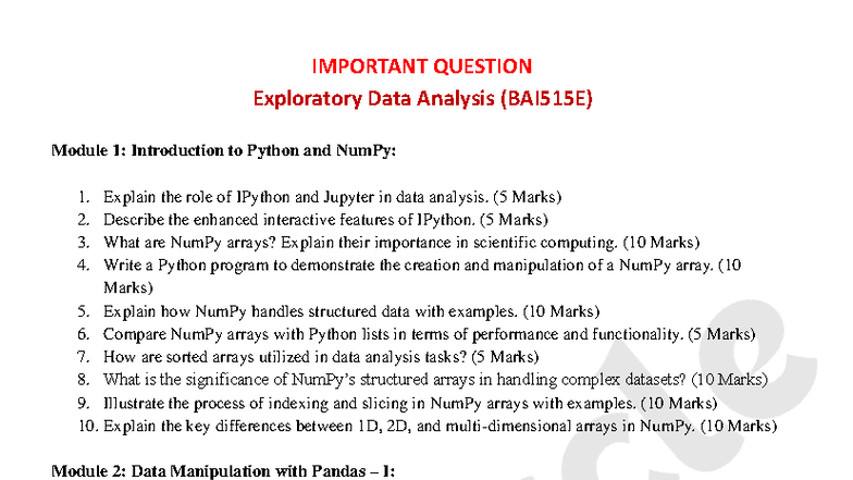 BAI515E Important Questions: Exploratory Data Analysis & Python - Studocu