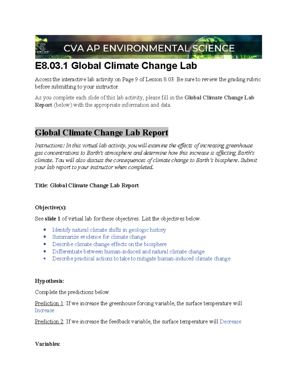 E8.03 Global Climate Change Lab Report: Exploring Greenhouse Effects ...