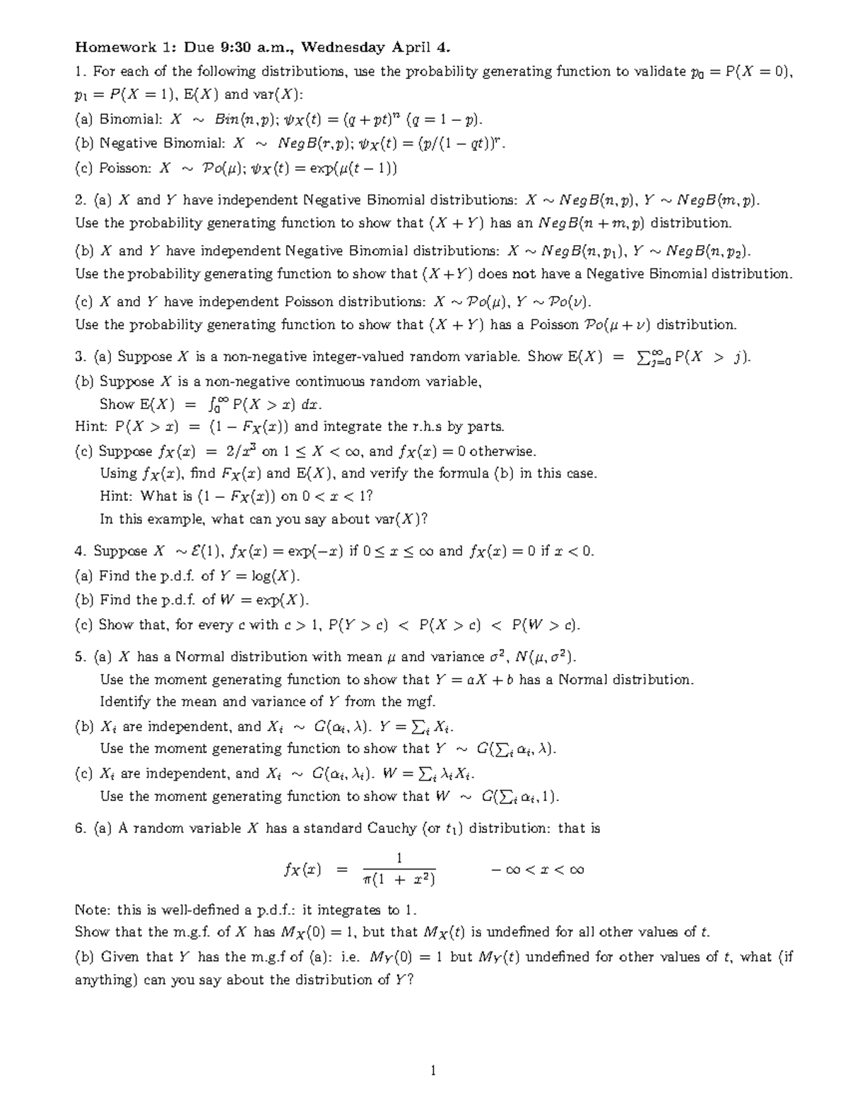 396 hwk1 - Spring 2018 Math 396 hw1 questions(Prof Elizabeth thompson ...