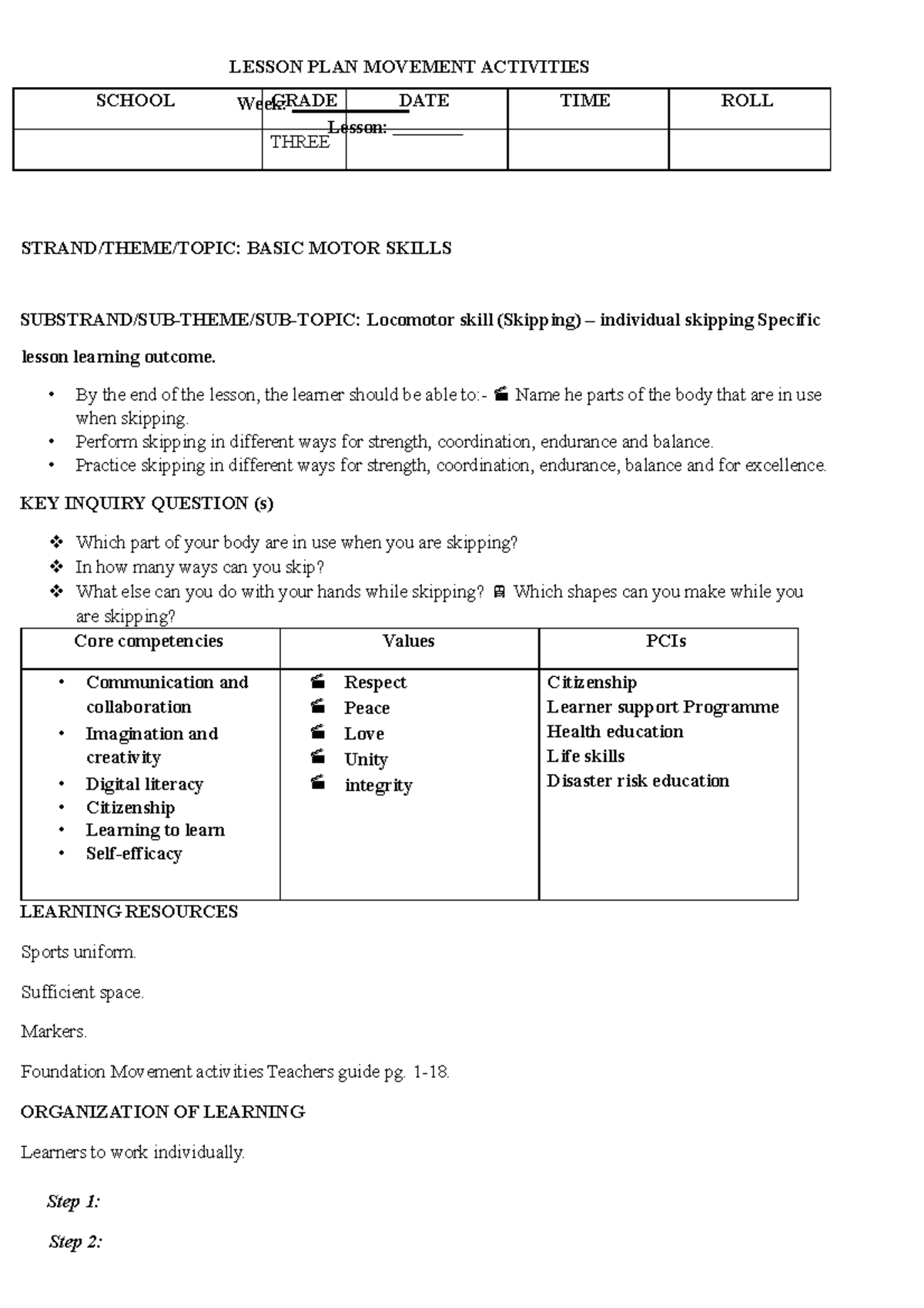 Grade 3 Basic Motor Skills Lesson Plans: Skipping Activities - Studocu