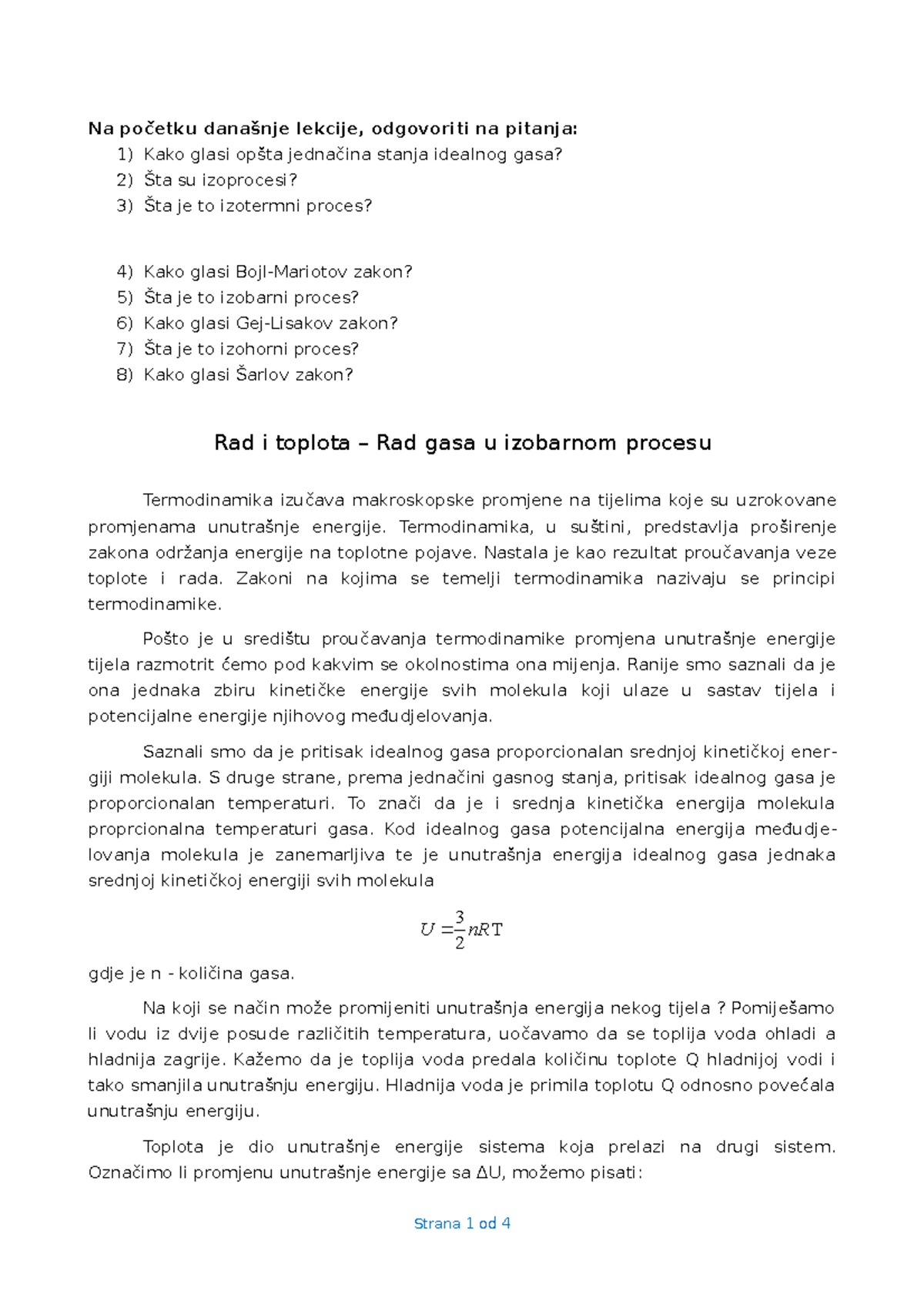 Rad i toplota: Izobari procesi u termodinamici - Lekcija 3 - Studocu