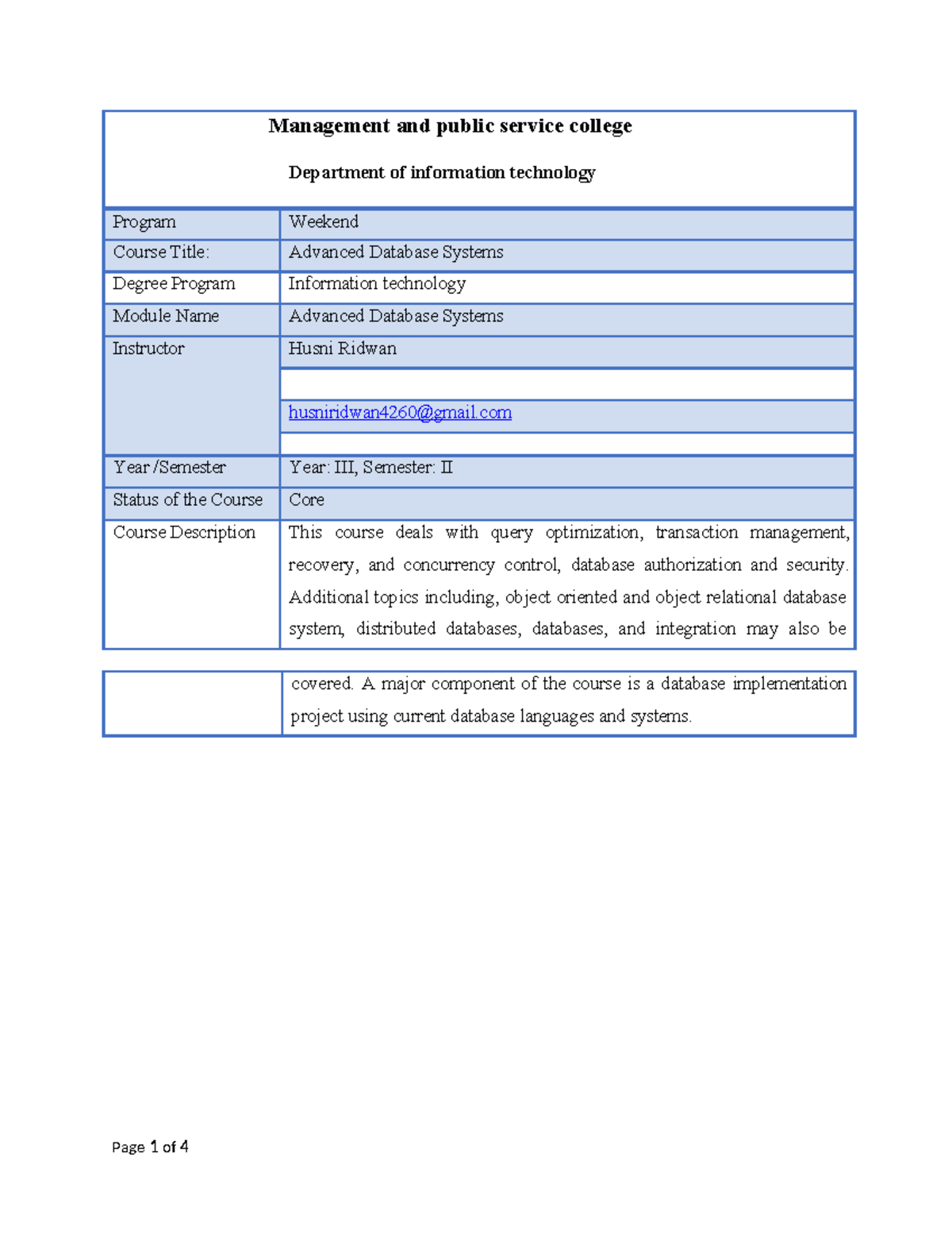 Advanced Database Systems (IT 202) Course Outline and Objectives - Studocu