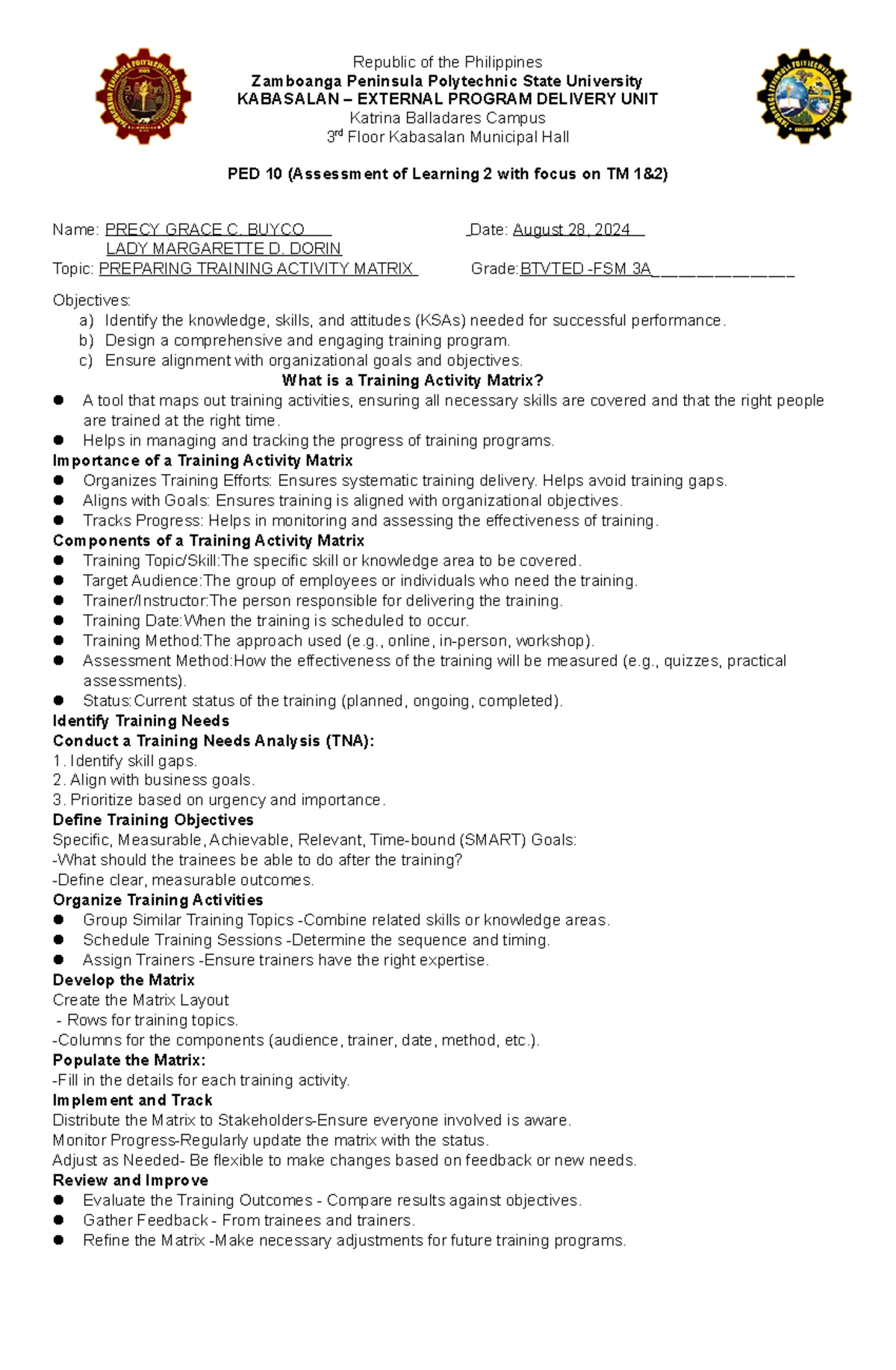 PED 6 Template WITH Headings 1 - Republic of the Philippines Zamboanga ...