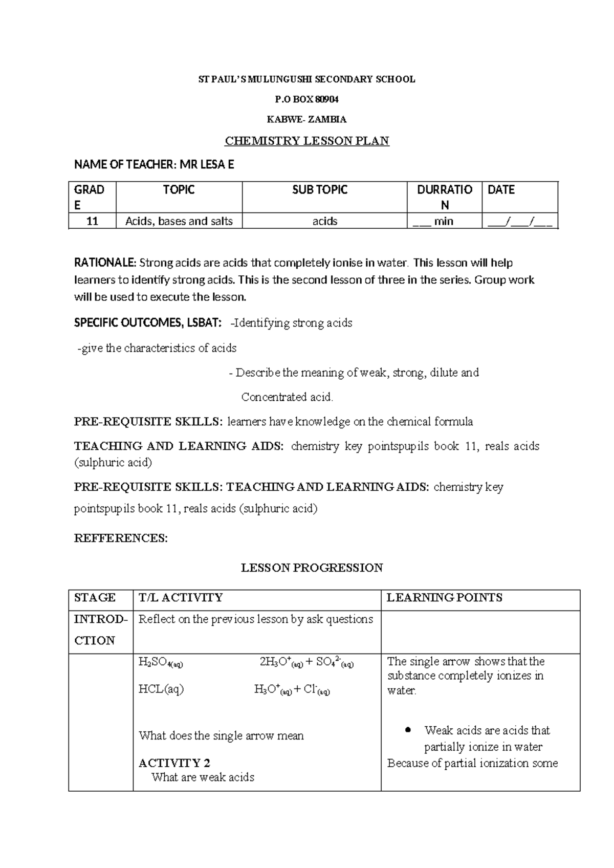 Chemistry G11 Lesson Plan: Acids, Bases, and Salts Overview - Studocu