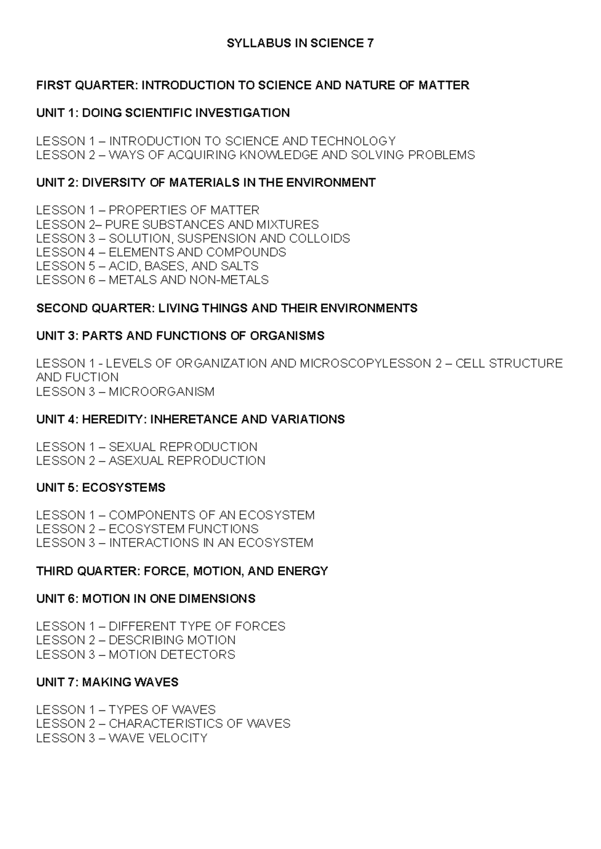 Syllabus for Science 7: Exploring Matter, Life, and Ecosystems - Studocu