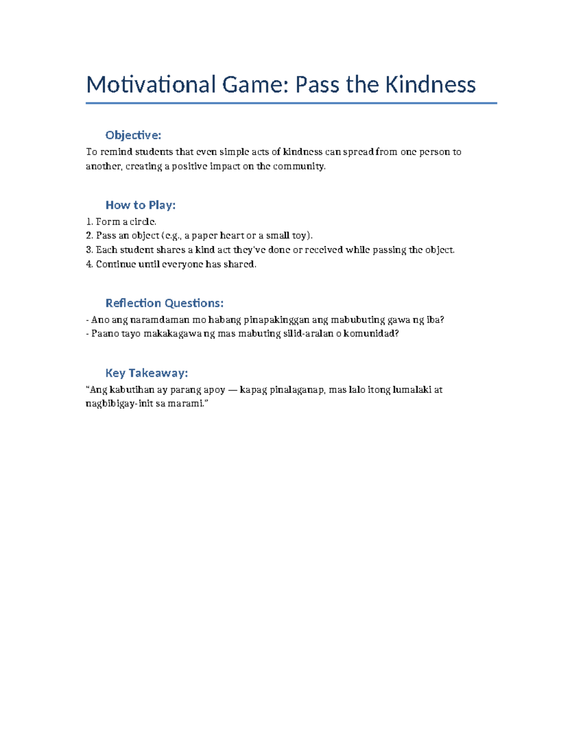 Pass the Kindness Game: A Motivational Activity - Studocu