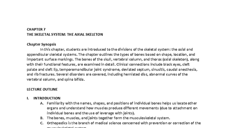 Chapter-7-axial skeleton- Summary - CHAPTER 7 THE SKELETAL SYSTEM: THE AXIAL SKELETON Chapter ...