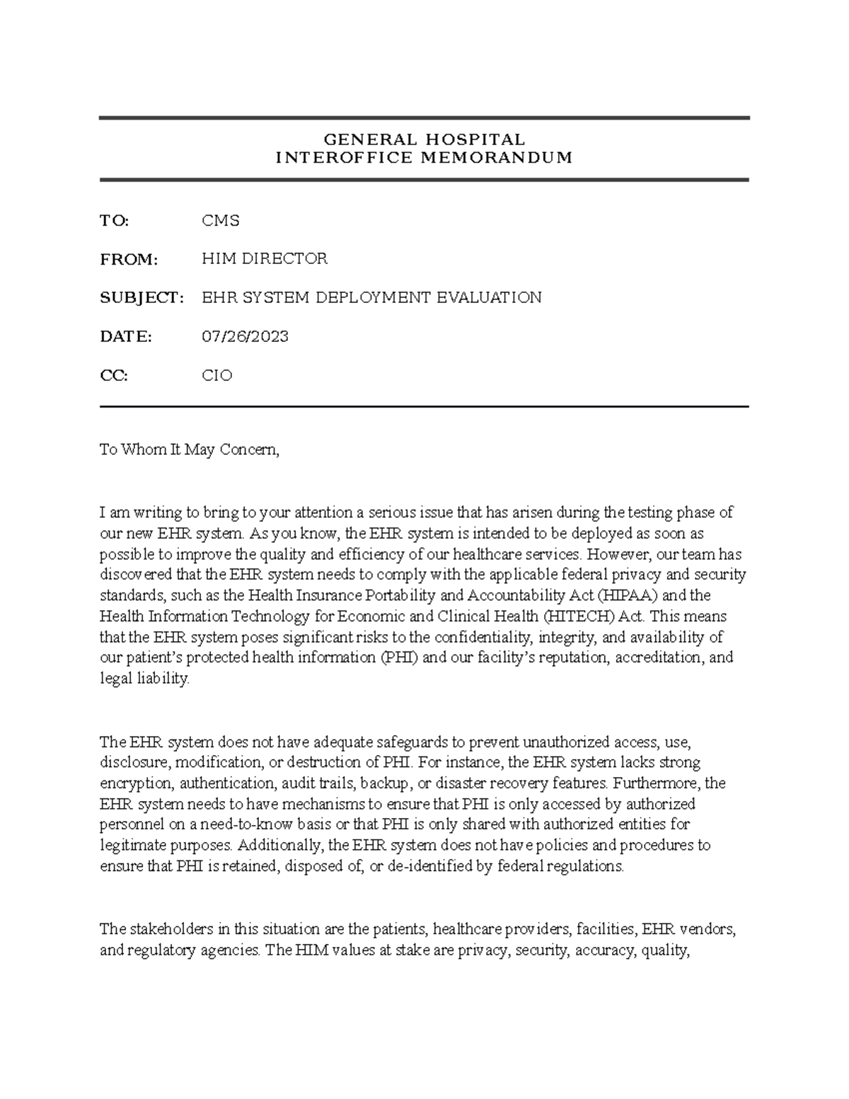 Week 4 Ethics Memo: EHR System Deployment Evaluation by Joseph Moore ...