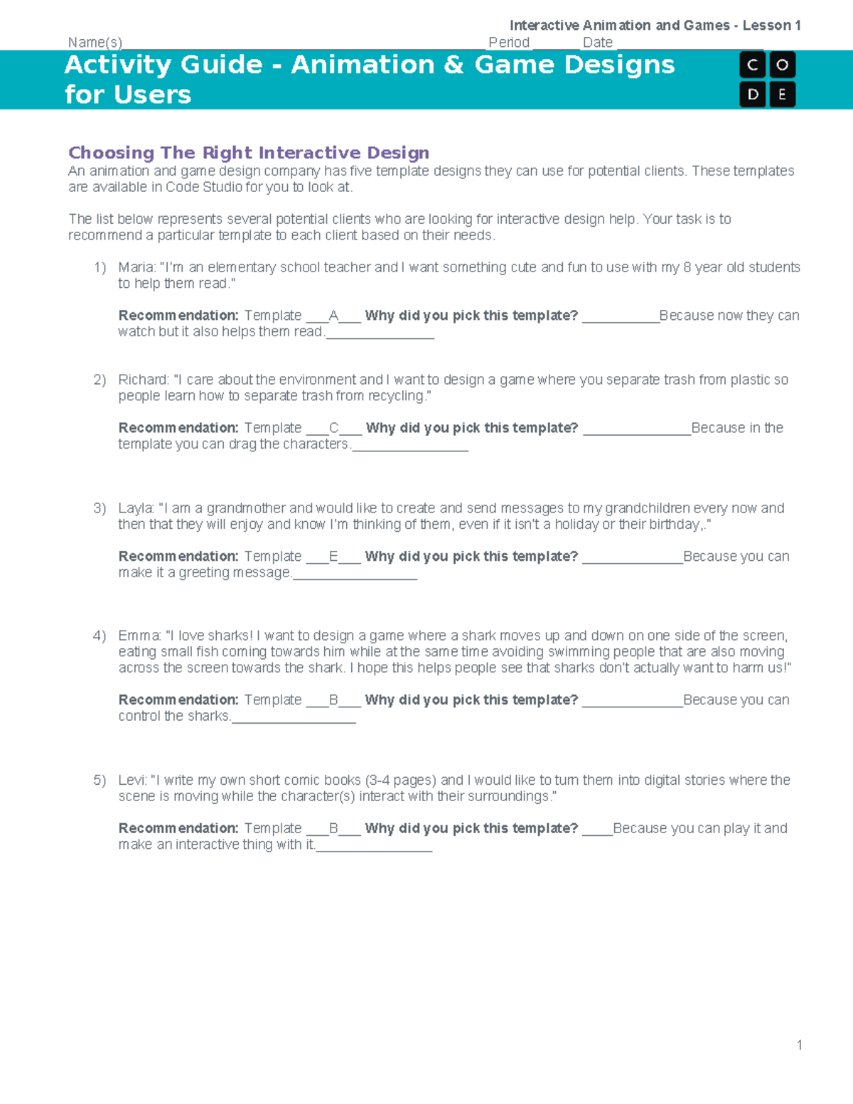 U3L01 - Animation & Game Design Activity Guide for Users - Lesson 1 ...
