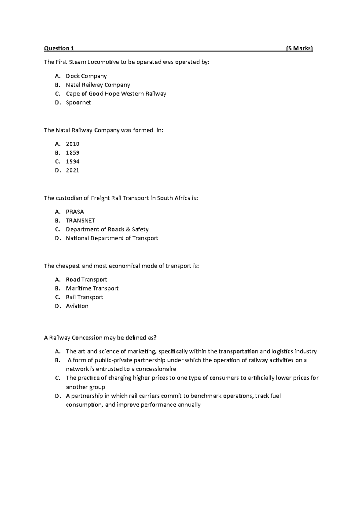 TECM 211 Test 1 Practice Questions on Rail Transport & Economics - Studocu
