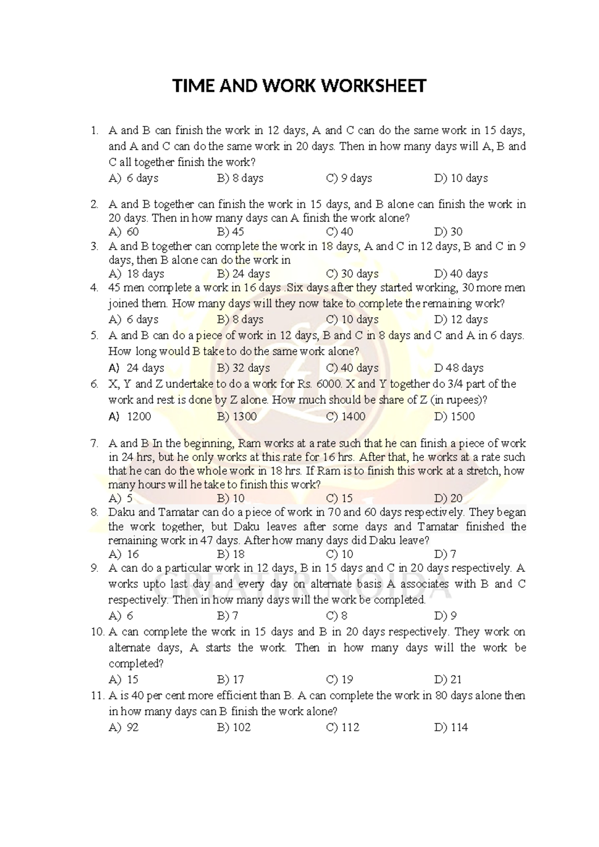 1. TIME AND WORK - This is the time and work question of placement ...