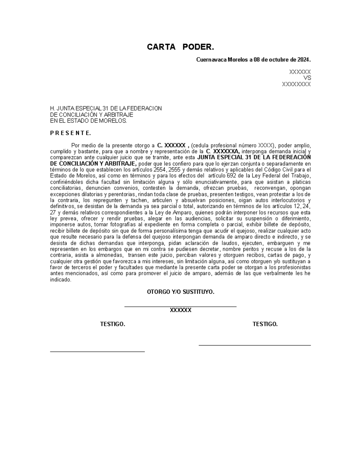 Carta poder laboral para representación ante la Junta Especial 31 - Studocu