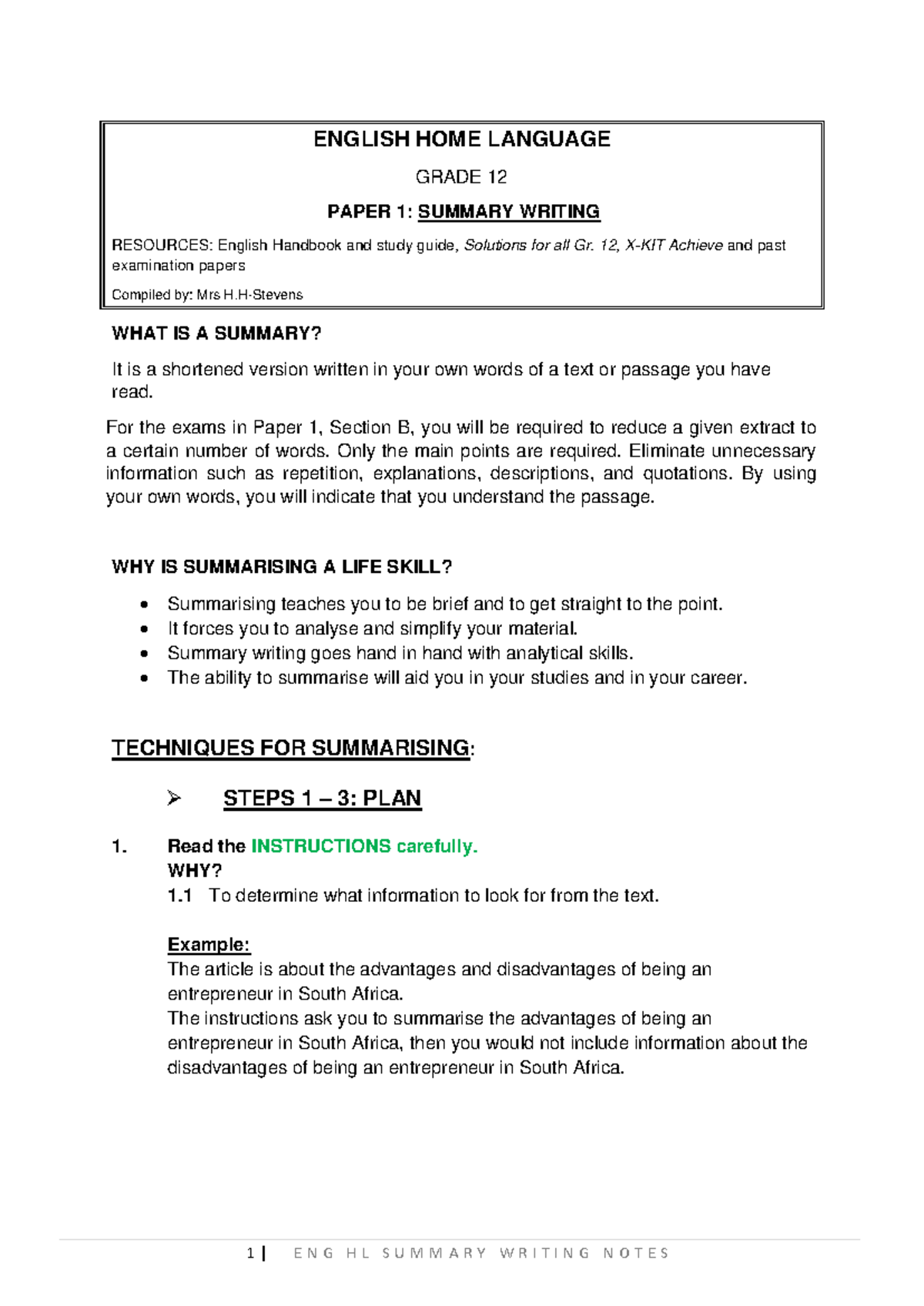 Grade 12 English Paper 1: Summary Writing Notes and Techniques - Studocu