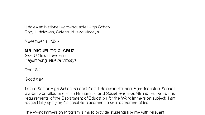 Work Immersion Application Letter Sample for SHS Students - Studocu