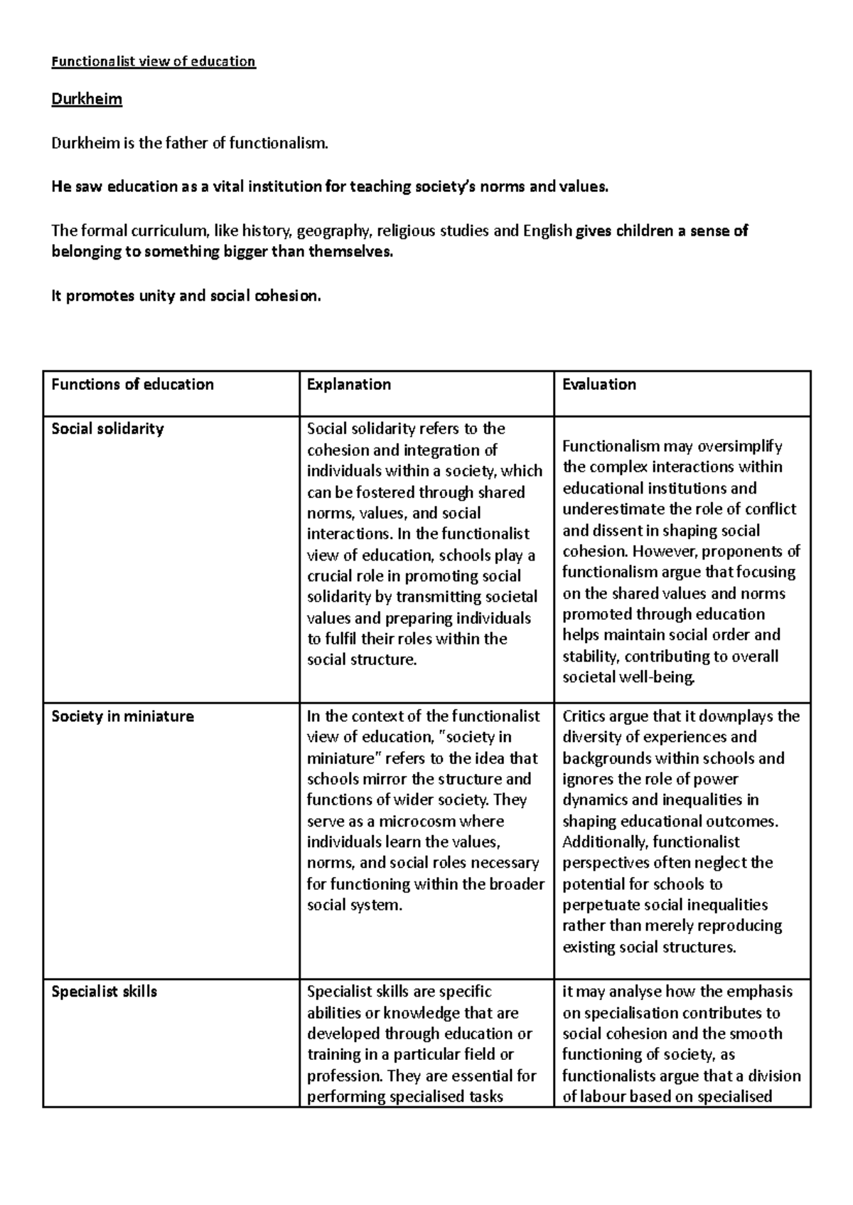 Functionalism and Education: Insights from Durkheim and Parsons - Studocu