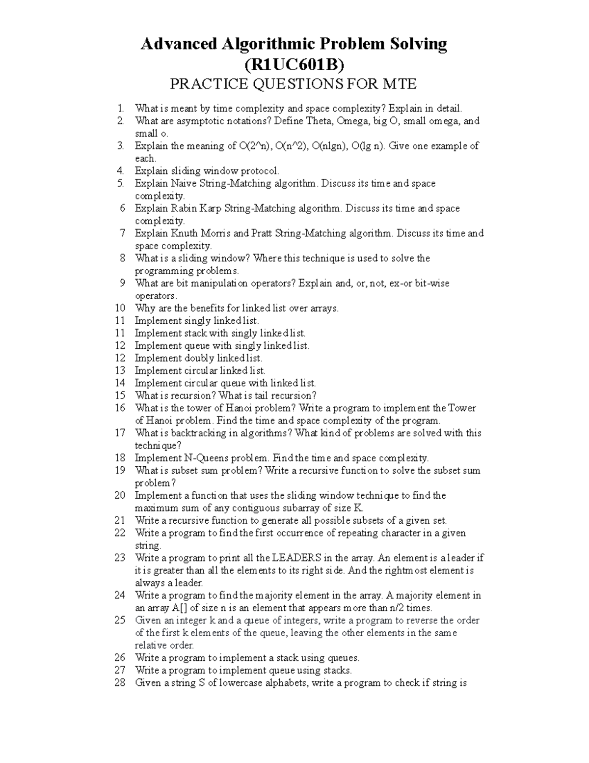 Practice Questions for MTE (R1UC601B): Advanced Algorithm Problems ...
