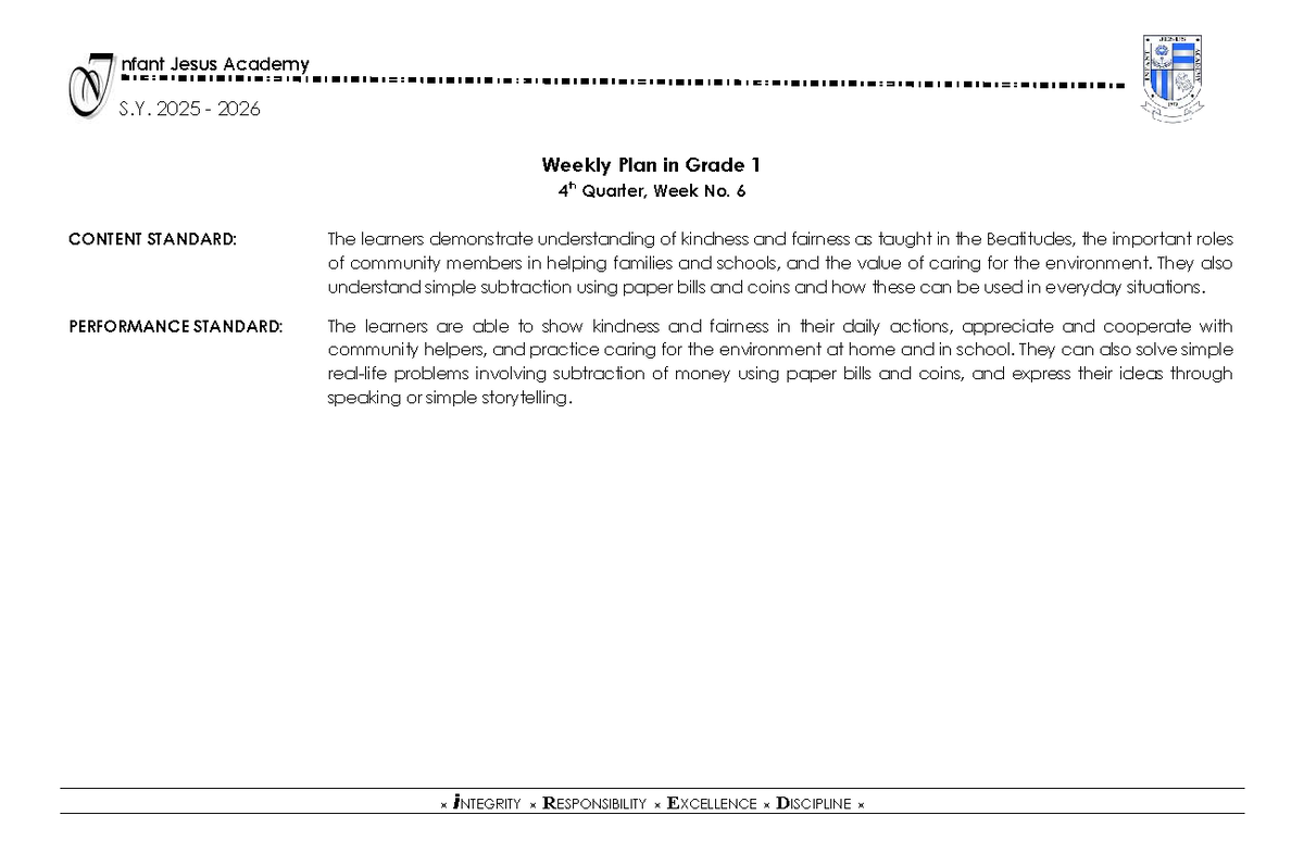 Weekly Plan for Grade 1 - Q4, Week 6 (S.Y. 2025-2026) - Studocu