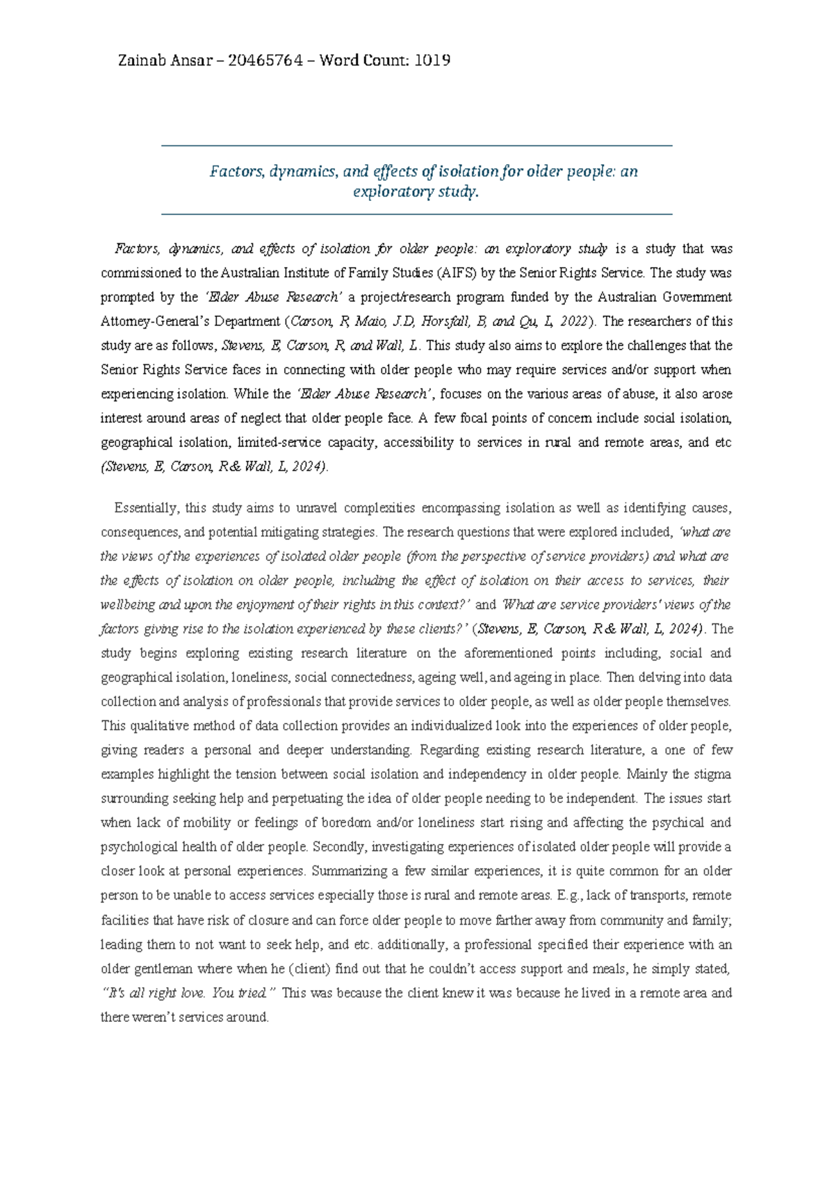 Assessment 1 101552 - Zainab Ansar – 20465764 – Word Count: 1019 ...