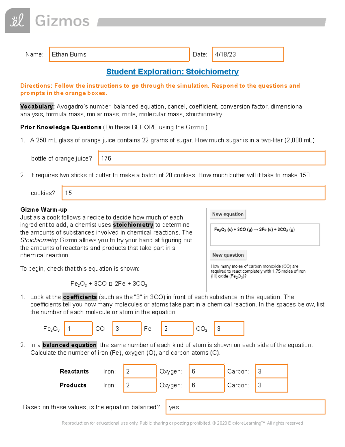 Stoichiometry SE Exploration Guide for Chem 101: Gizmo Activities - Studocu