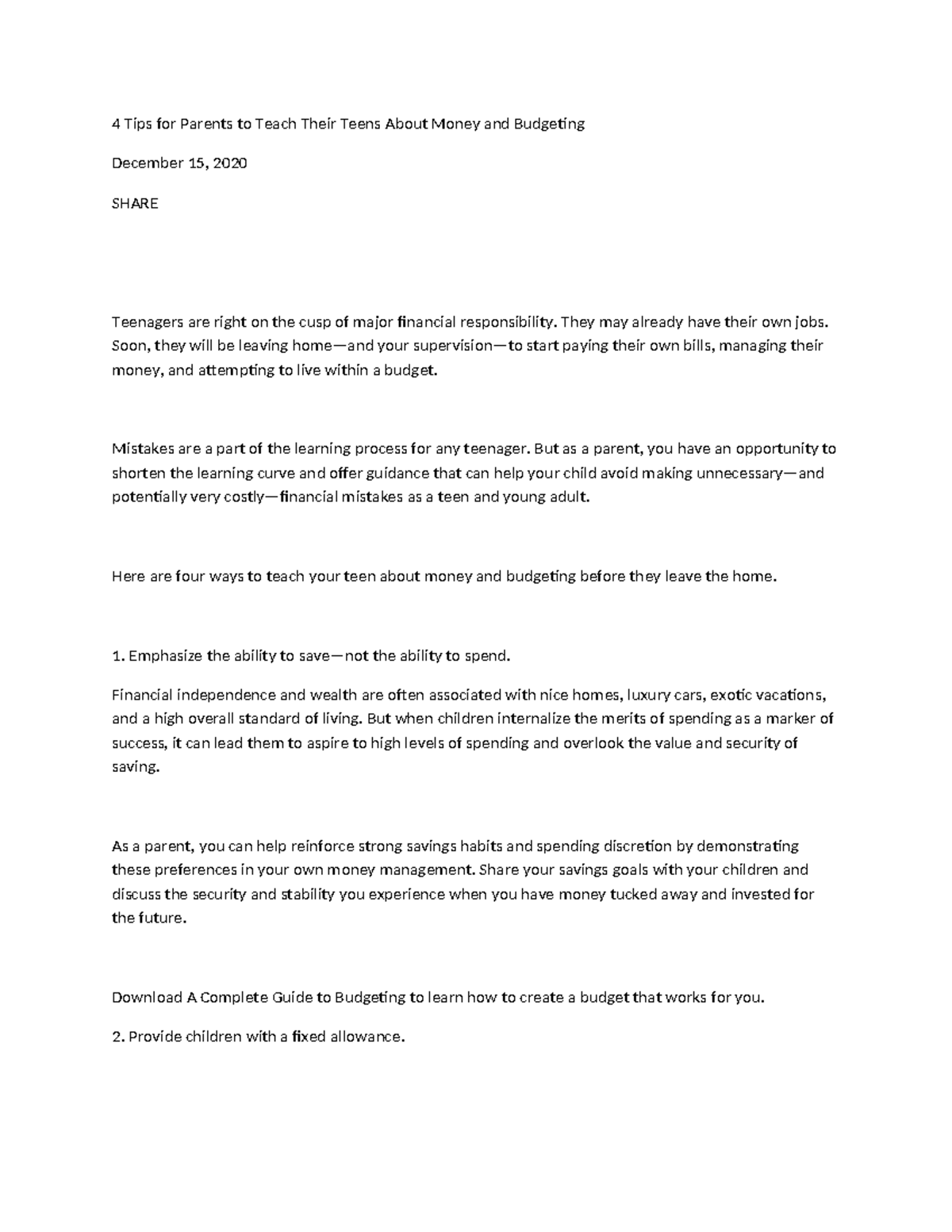 4 Tips for Parents: Teaching Teens Money & Budgeting Skills - Studocu