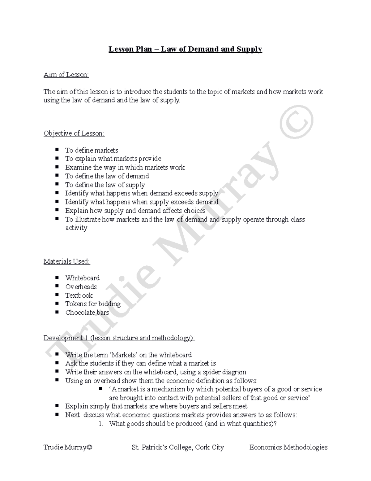Lesson Plans on Demand, Supply & Markets (TM) for Students - Studocu