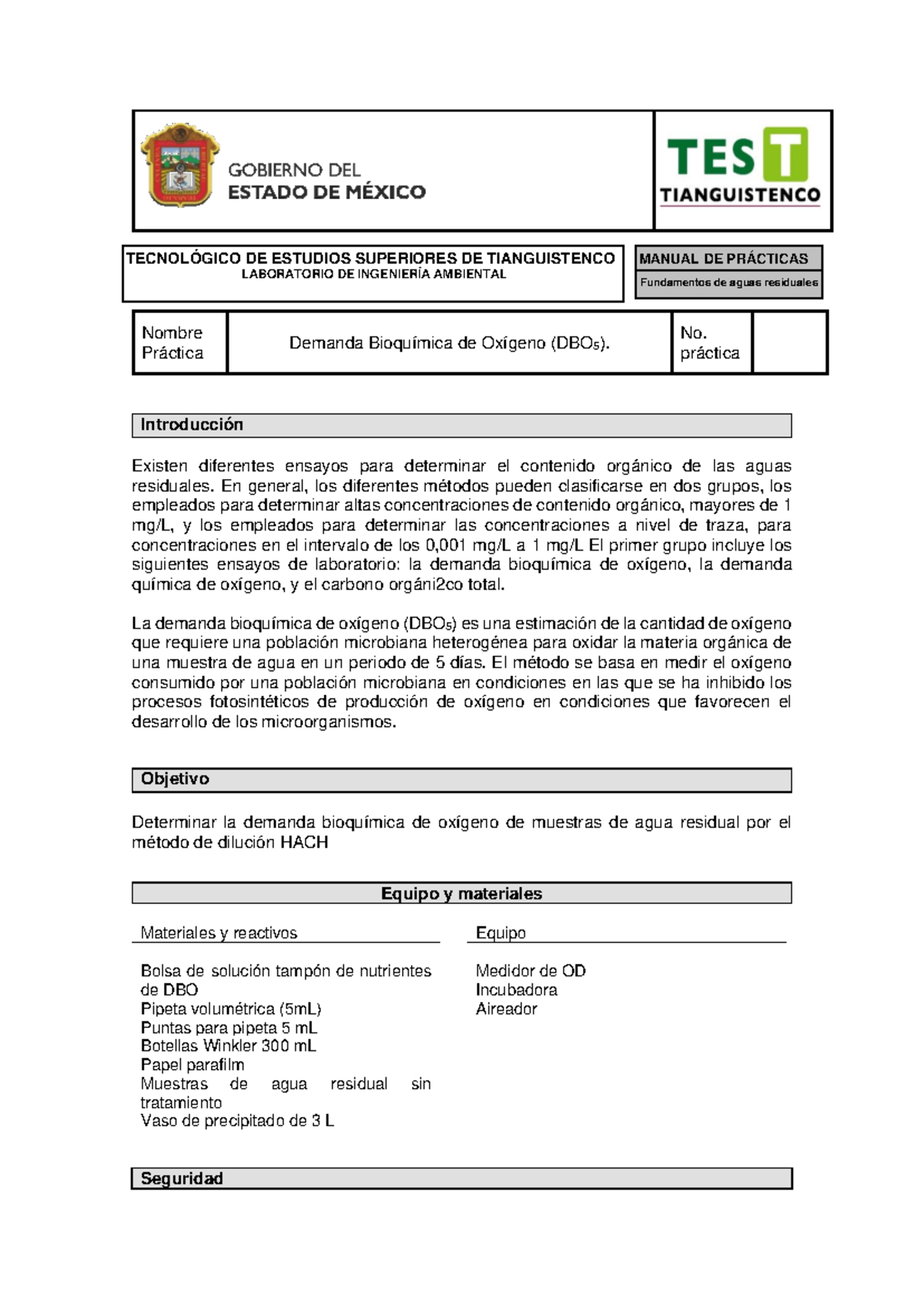 Practica 9 DBO5 - Nombre Práctica Demanda Bioquímica de Oxígeno (DBO 5 ...