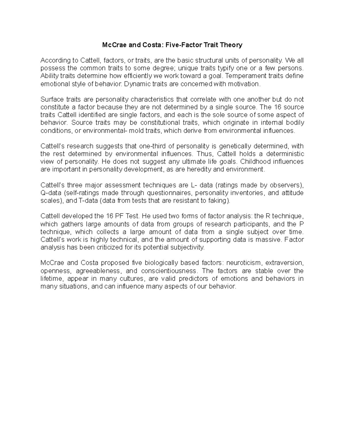 Theories of Personality - Mc Crae and Costa - McCrae and Costa: Five ...