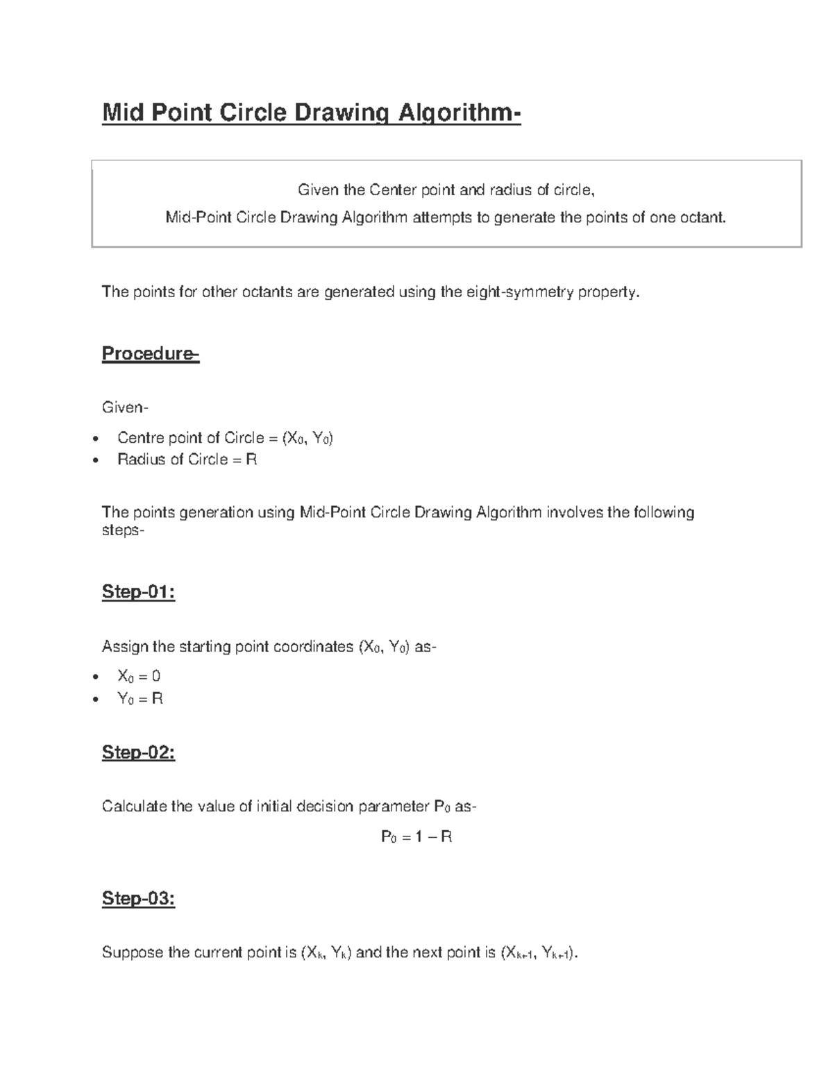 Midpoint circle example - Mid Point Circle Drawing Algorithm- Given the Center point and radius ...
