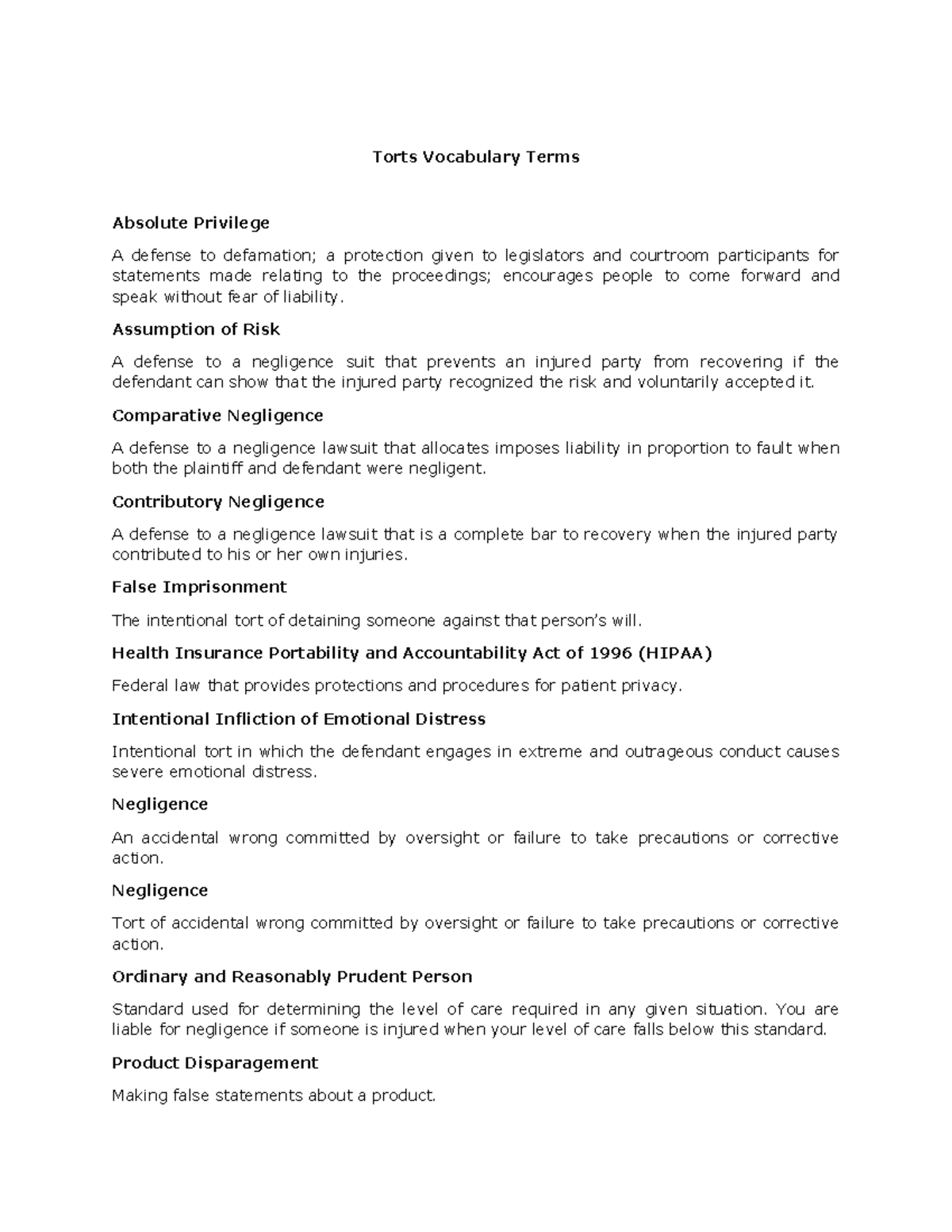 Torts Vocabulary Terms: Key Legal Definitions and Concepts - Studocu