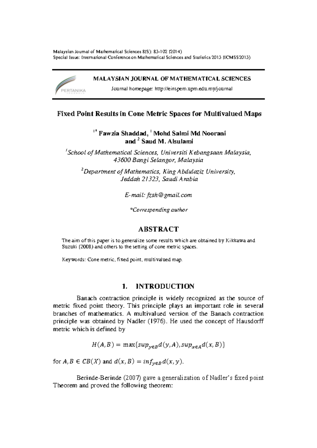 Fixed Point Results In Cone Metric Spaces For Multivalued Maps Alsulami 1 School Of