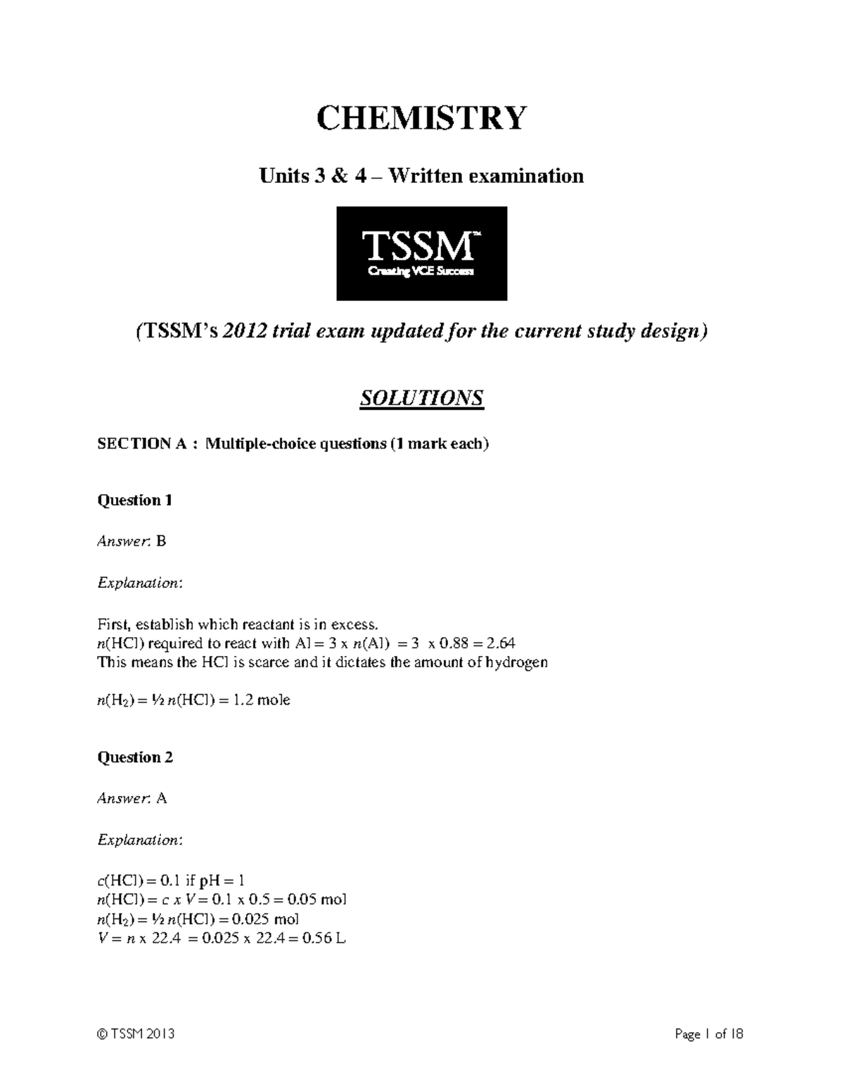 [VCE Chemistry] 2012-13 TSSM Units 3 & 4 Exam Solutions - Studocu