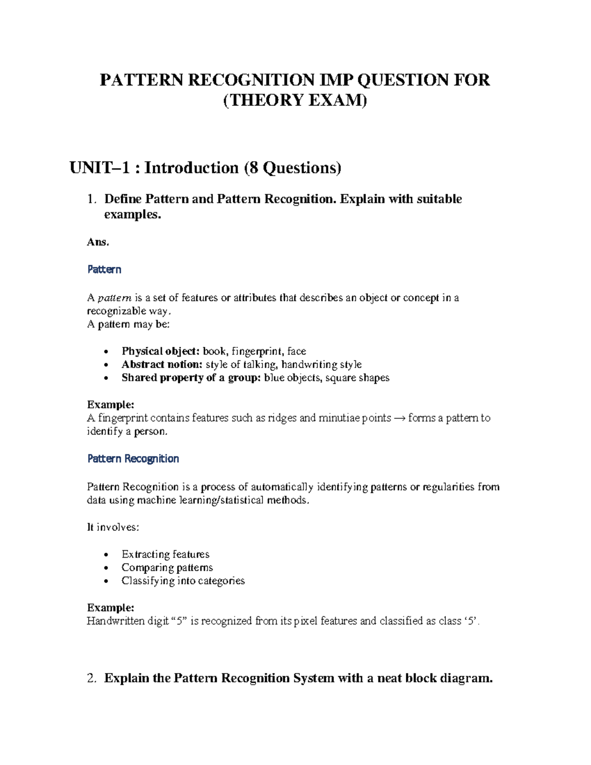 PR Important Q&A for End Sem Exam: Key Concepts and Methods - Studocu