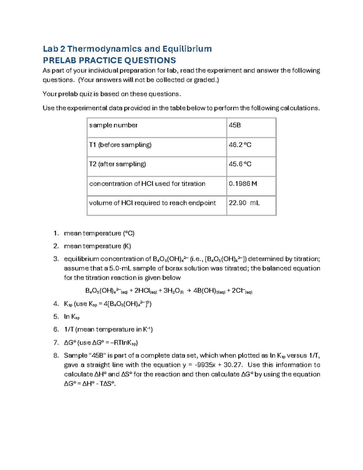 Thermodynamics Lab 2 Pre-Lab Questions and Calculations - Studocu