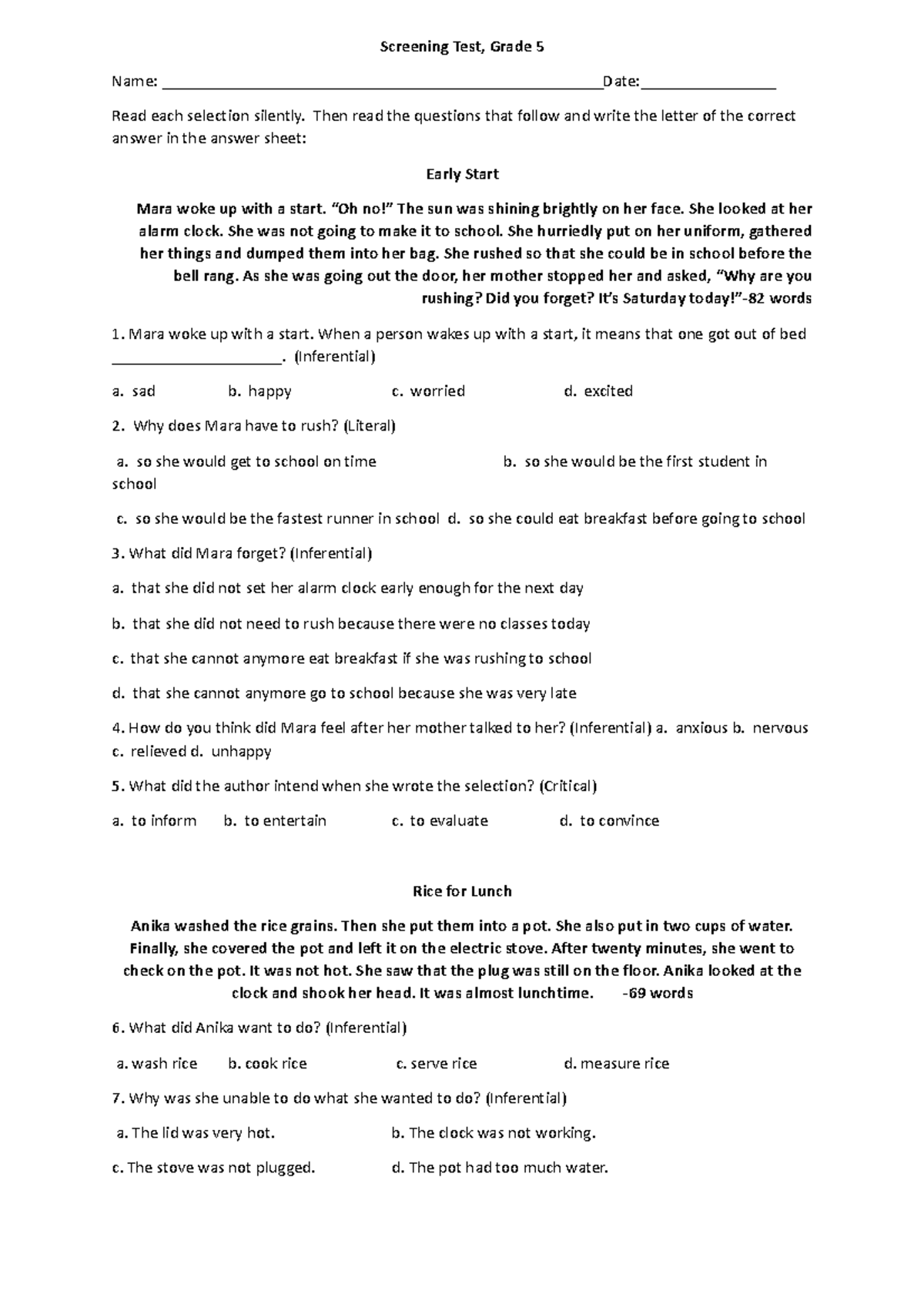 Grade 5 Screening Test: Reading Comprehension & Inferential Questions ...