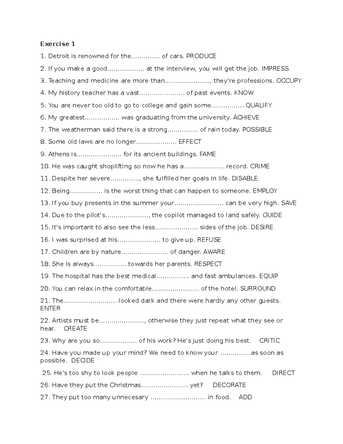 Word Form Exercises 300C - Practice and Solutions - Studocu