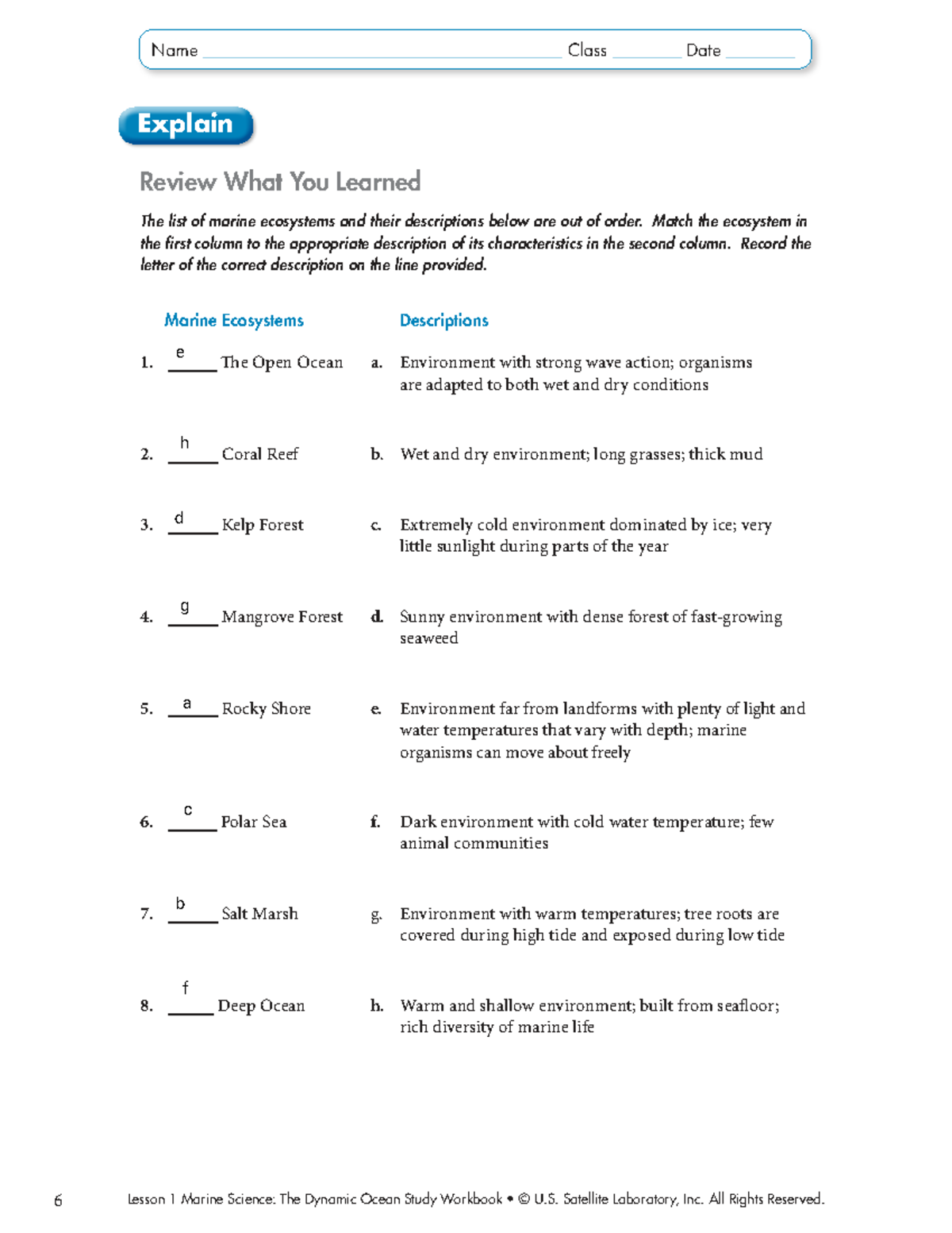 Marine Ecosystems Matching Activity - Lesson 1 Marine Science - Studocu