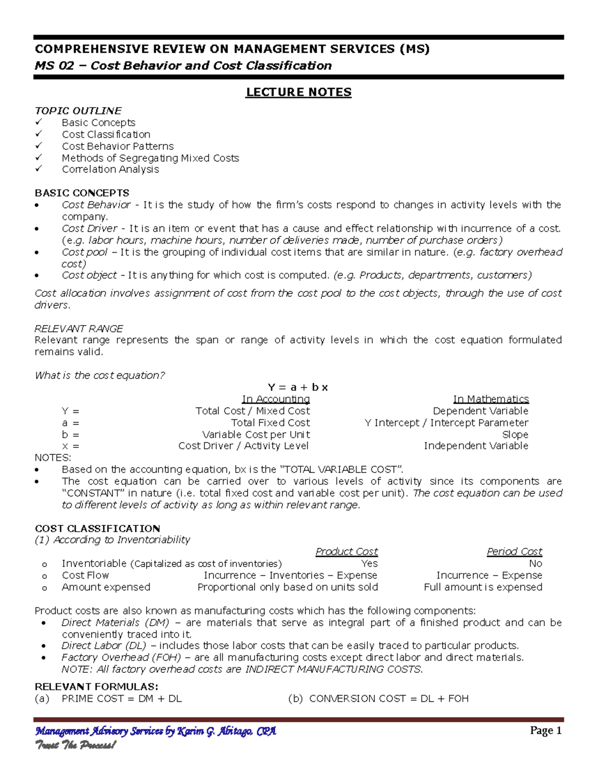 02 Cost Behavior and Cost Classification - Management Advisory Services ...