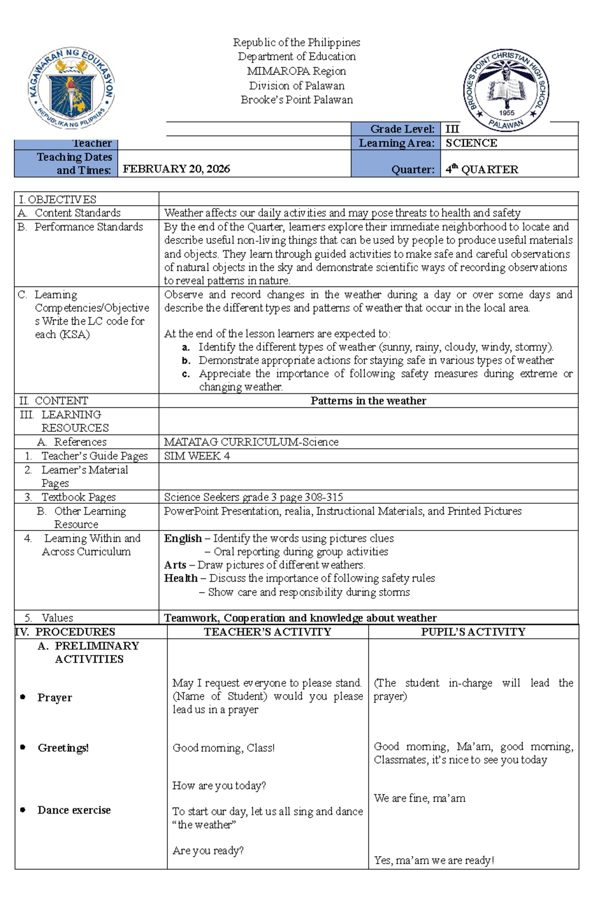 DLP - Lesson Plan on Weather Safety for Grade 3 Science - Studocu