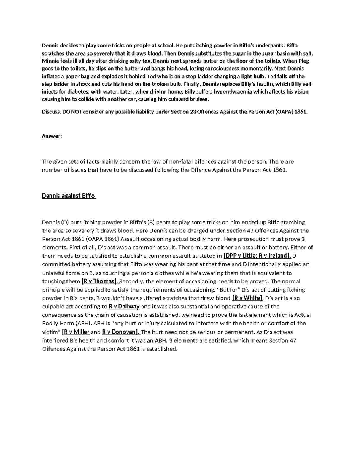 Legal Analysis of Dennis’s Pranks: Non-Fatal Offences (OAPA 1861) - Studocu